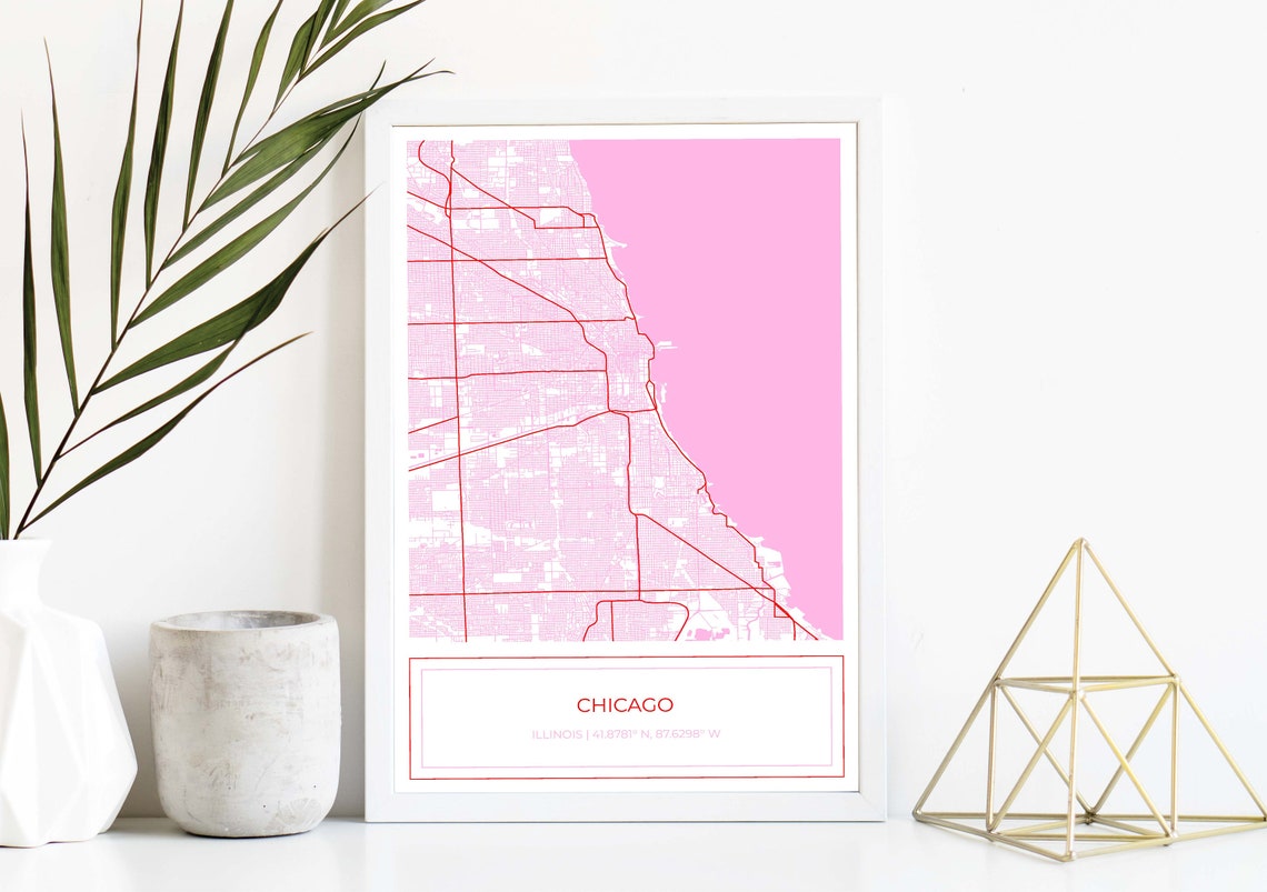 Chicago Map, Map of Chicago, Pink Chicago Map, Chicago Poster, Map of ...