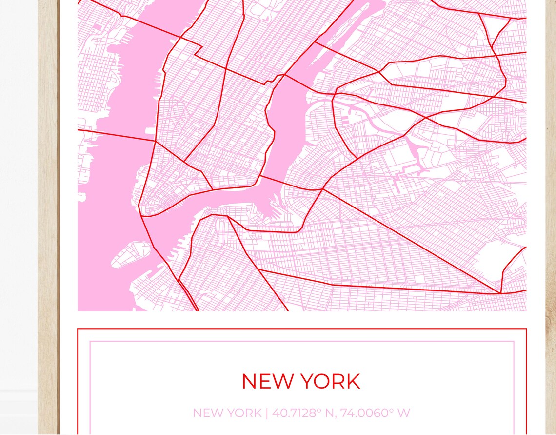 New York City Map, Map New York City, Pink Map, New York City Poster ...