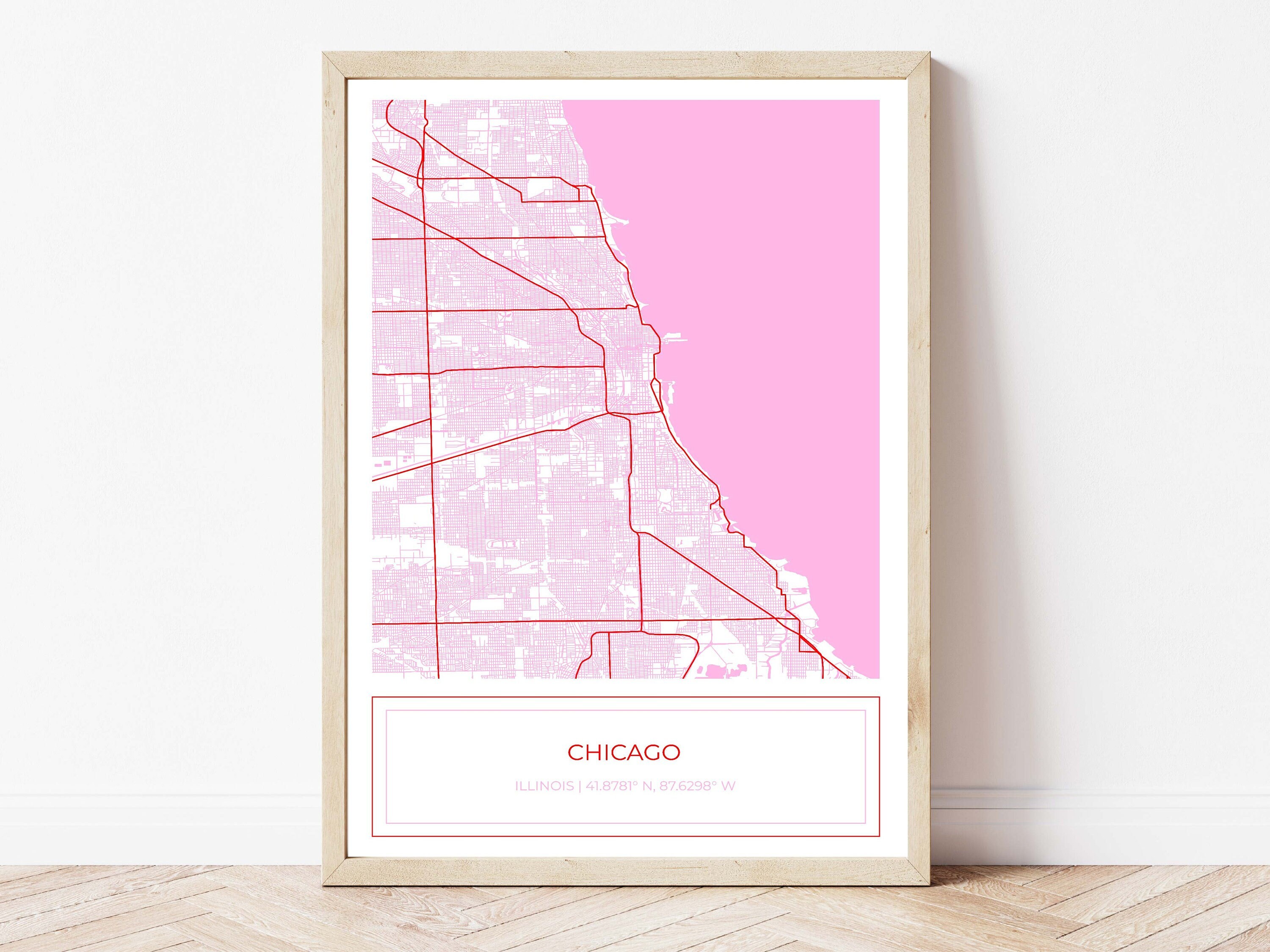 Chicago Map, Map of Chicago, Pink Chicago Map, Chicago Poster, Map of ...