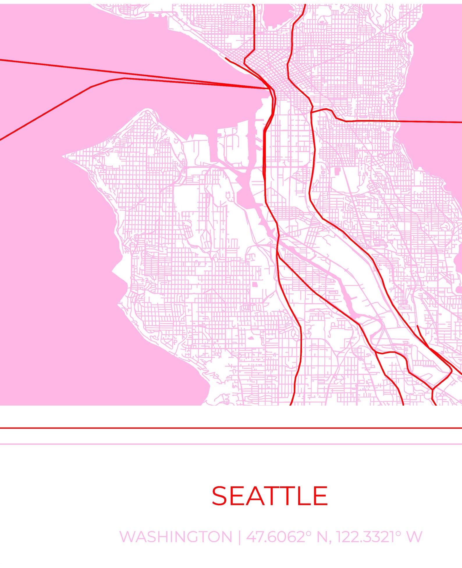Seattle Map, Minimalist Map, Pink Seattle Map, Seattle Poster, Map of ...