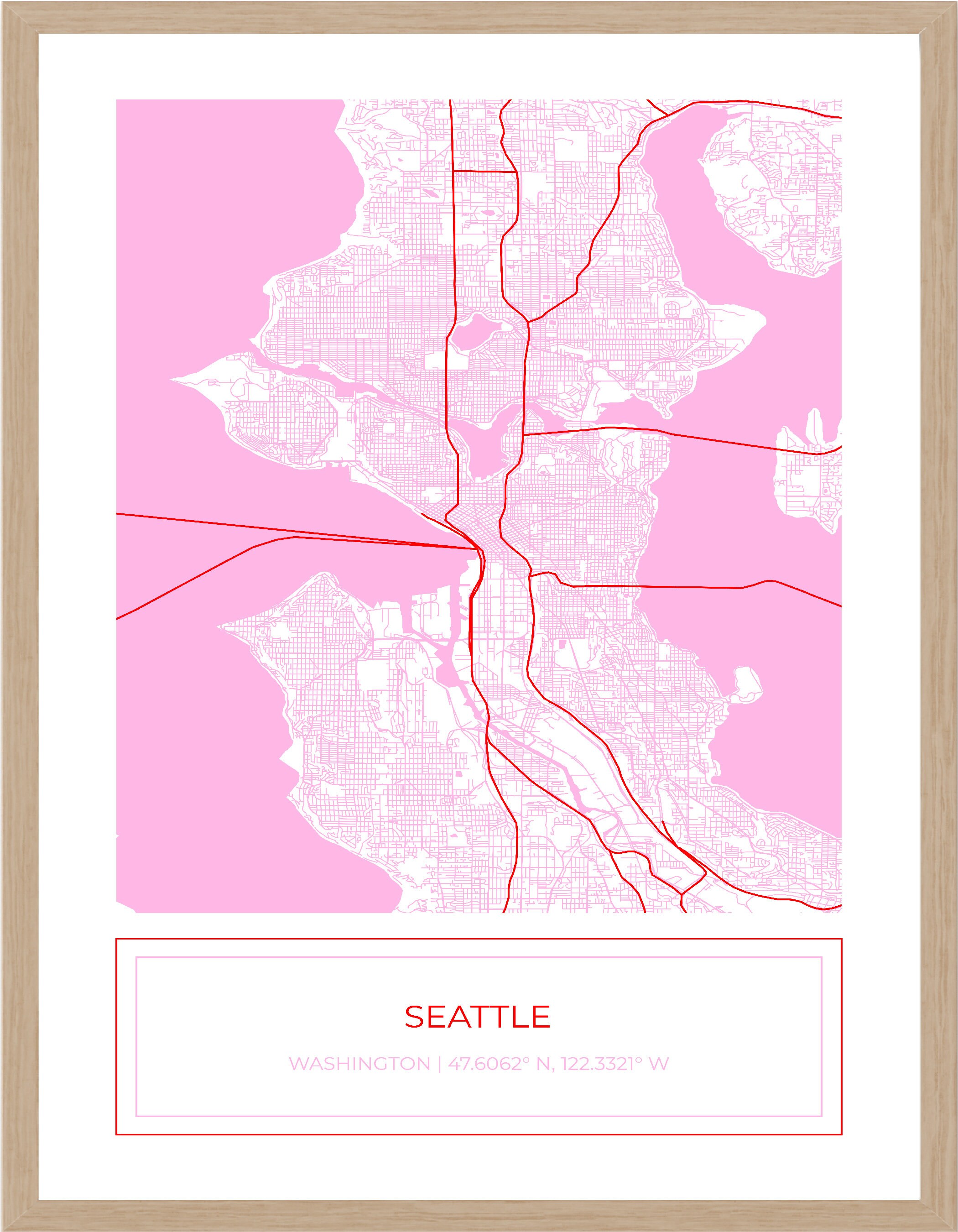 Seattle Map, Minimalist Map, Pink Seattle Map, Seattle Poster, Map of ...