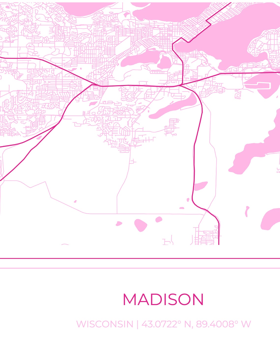 Madison Map, Map of Madison, Pink Madison Map, Madison Poster, Map of ...