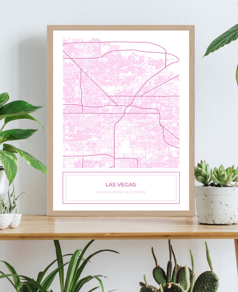 Las Vegas Map, Map of Las Vegas, Pink Las Vegas Map, Las Vegas Poster ...