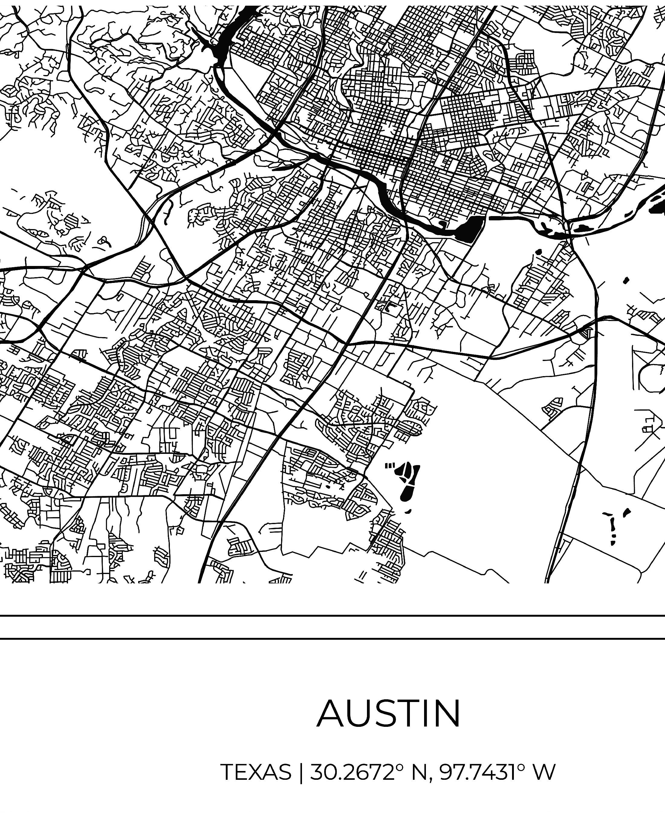 Mapa de Austin, Mapa de Austin, Mapa de Austin blanco negro, Cartel de ...