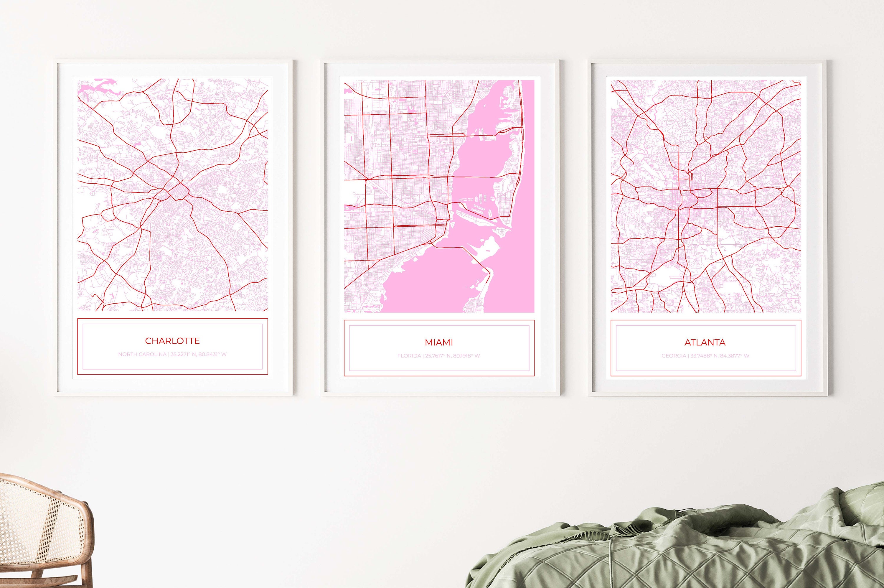 Charlotte Map, Map of Charlotte, Pink Charlotte Map, Charlotte Poster ...