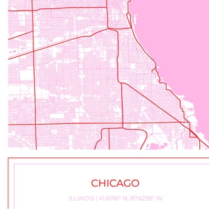 Chicago Map, Map of Chicago, Pink Chicago Map, Chicago Poster, Map of ...
