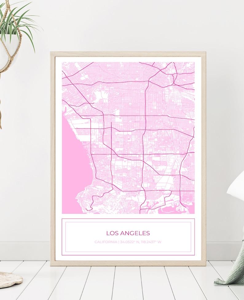 Los Angeles Map, Map of Los Angeles, Pink Los Angeles Map, Poster, City ...