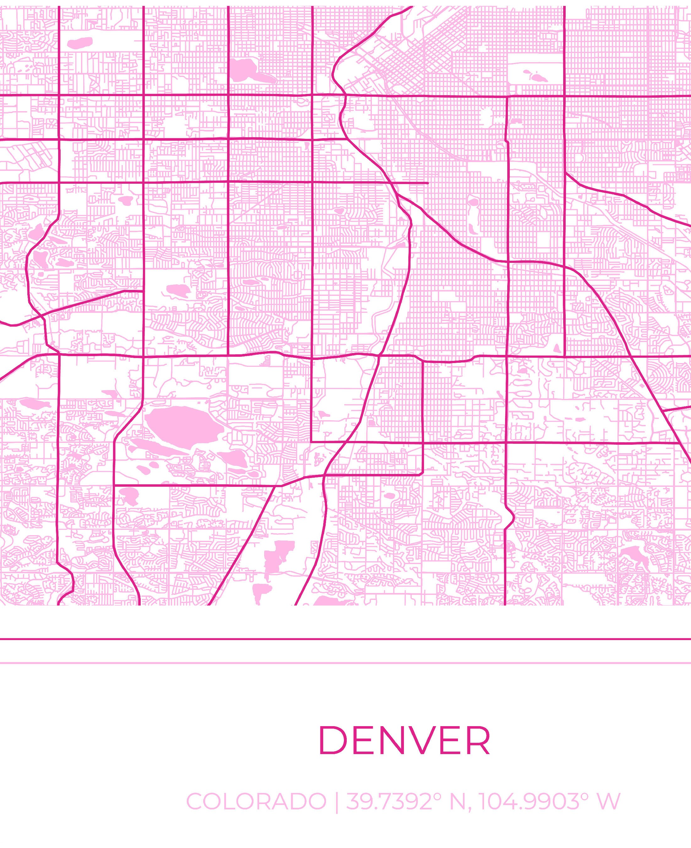 Denver Map, Map of Denver, Pink Denver Map, Denver Poster, Map of ...