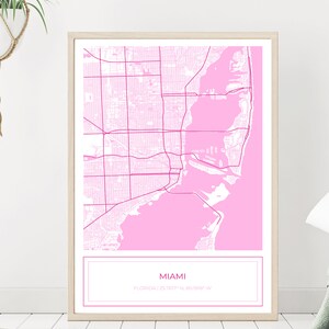 Miami Map, Map of Miami, Pink Miami Map, Miami Poster, Map of Miami ...