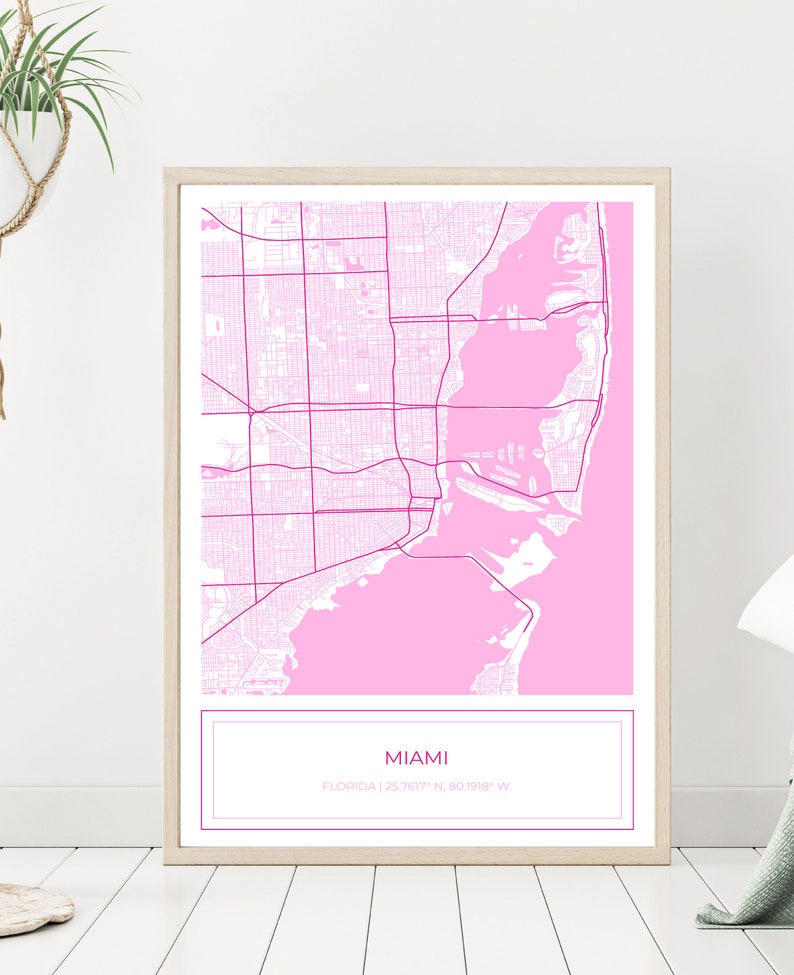 Miami Map, Map of Miami, Pink Miami Map, Miami Poster, Map of Miami ...