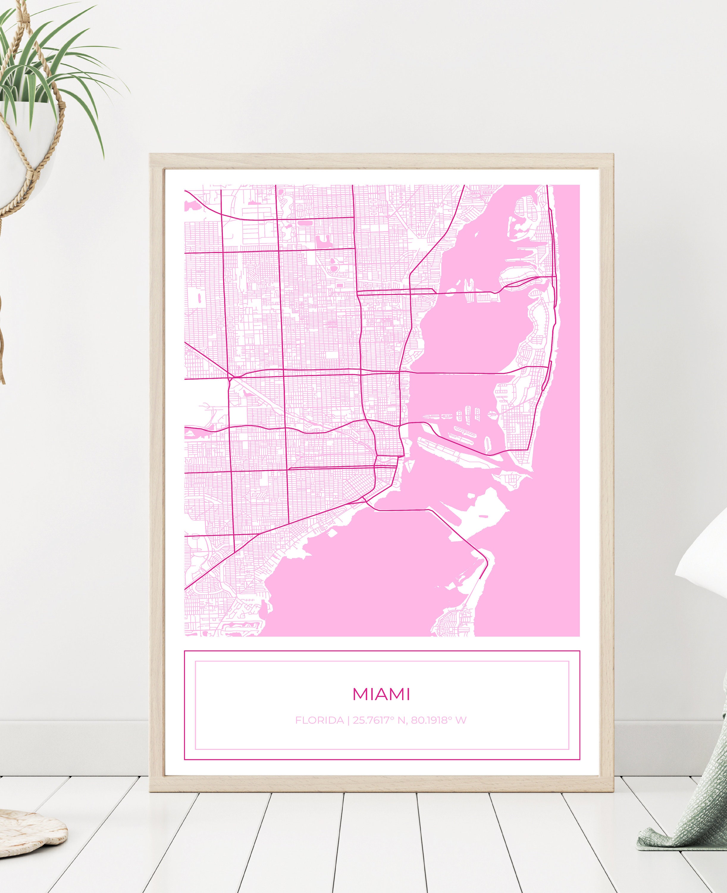 Miami Map, Map of Miami, Pink Miami Map, Miami Poster, Map of Miami ...