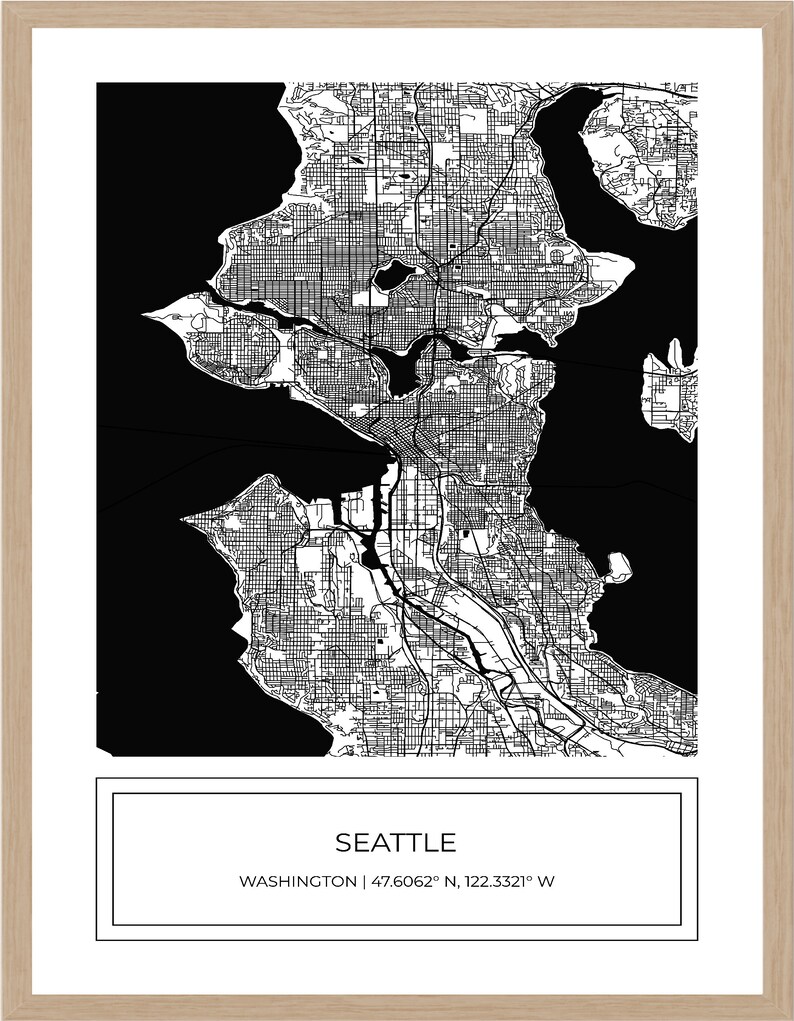 Seattle Map, Minimalist Map, Black Seattle Map, Seattle Poster, Map of ...