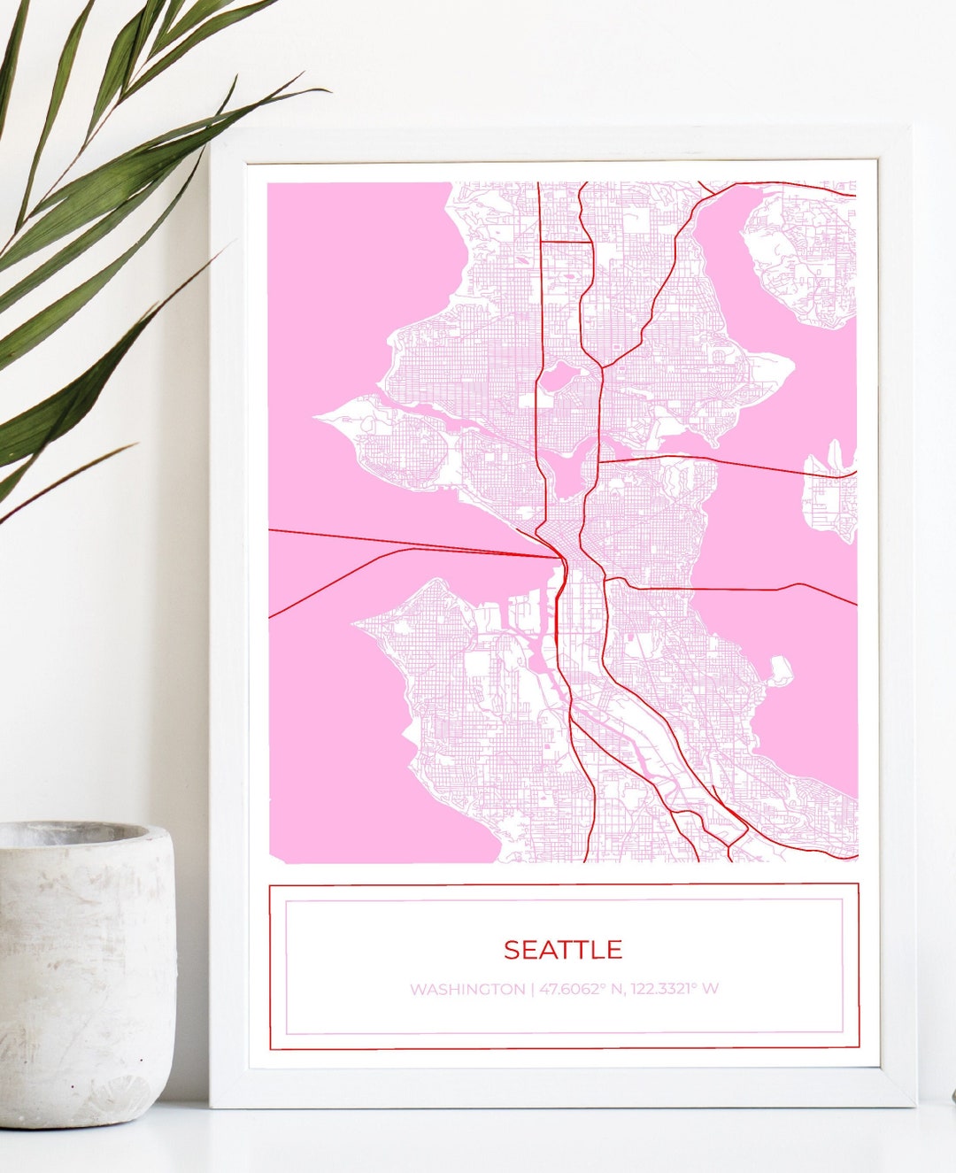 Seattle Map, Minimalist Map, Pink Seattle Map, Seattle Poster, Map of ...