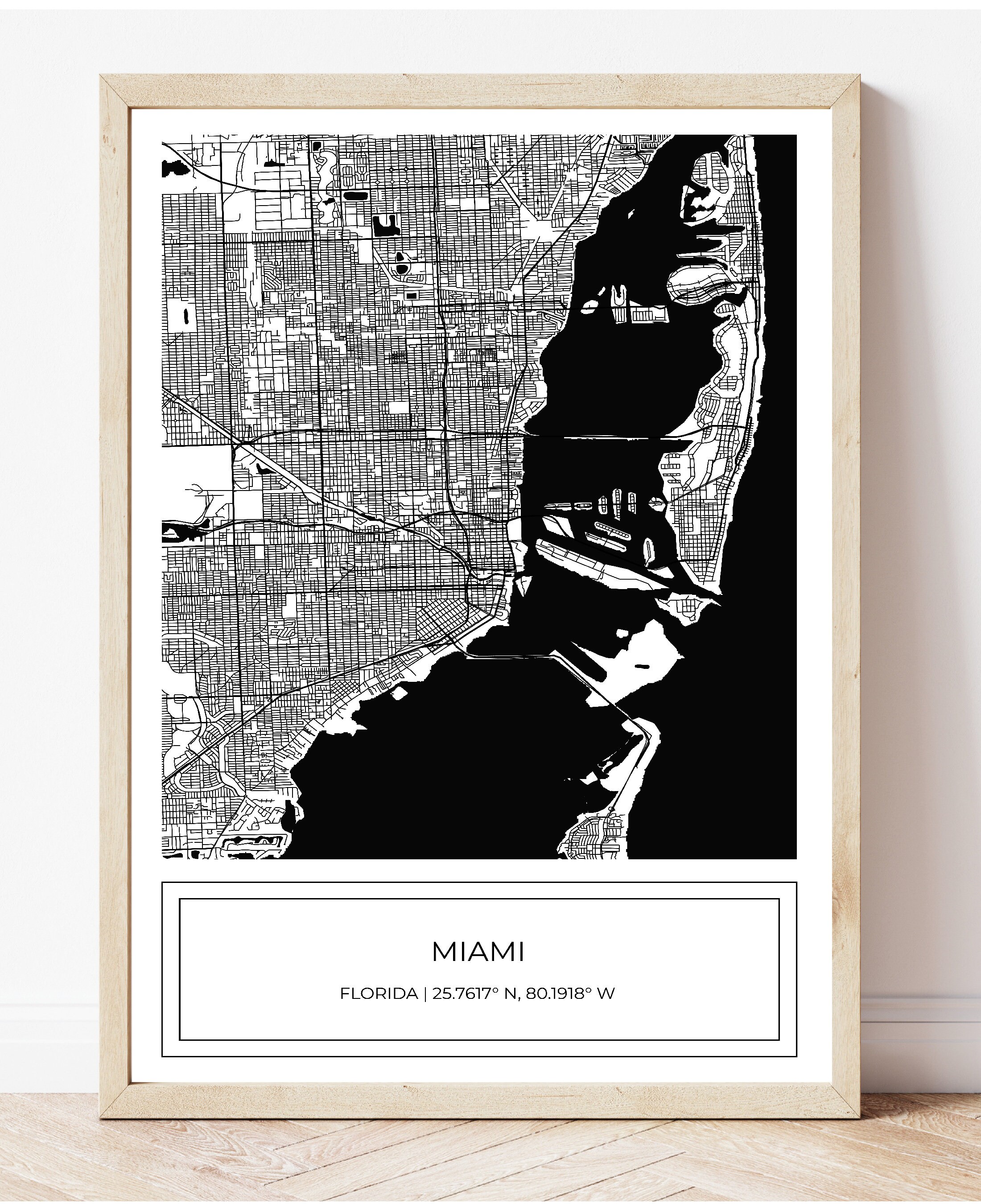 Miami Map, Map of Miami, Black White Miami Map, Miami Poster, Map of ...