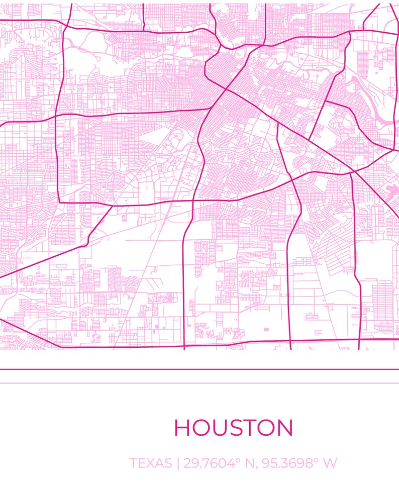 Houston Map, Map of Houston, Pink Houston Map, Houston Poster, Houston ...