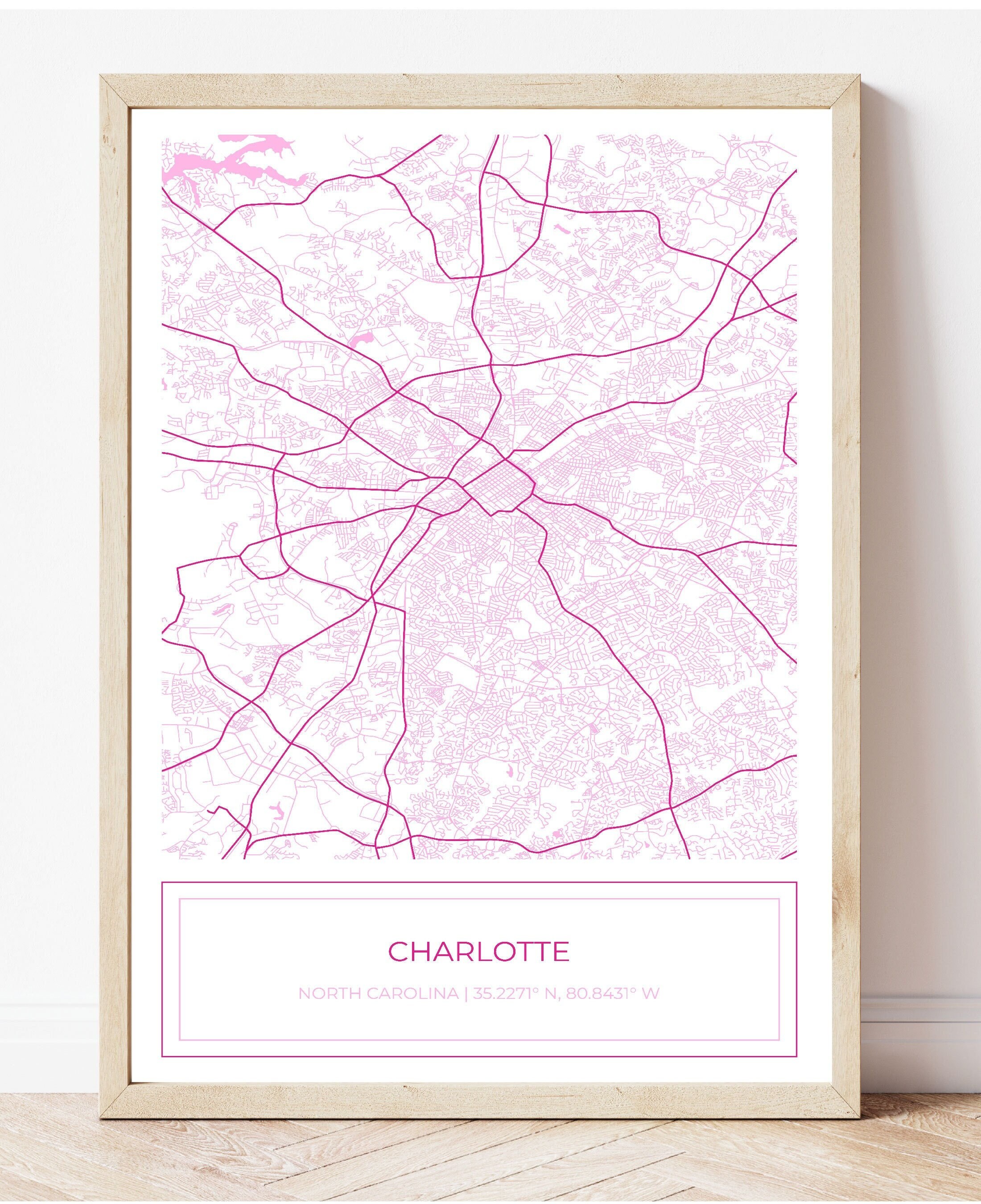 Charlotte Map, Map of Charlotte, Pink Charlotte Map, Poster, Map of ...