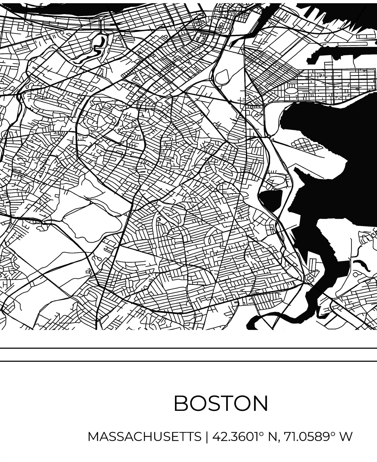 Boston Map, Map of Boston, Black Boston Map, Boston Poster, Map of ...