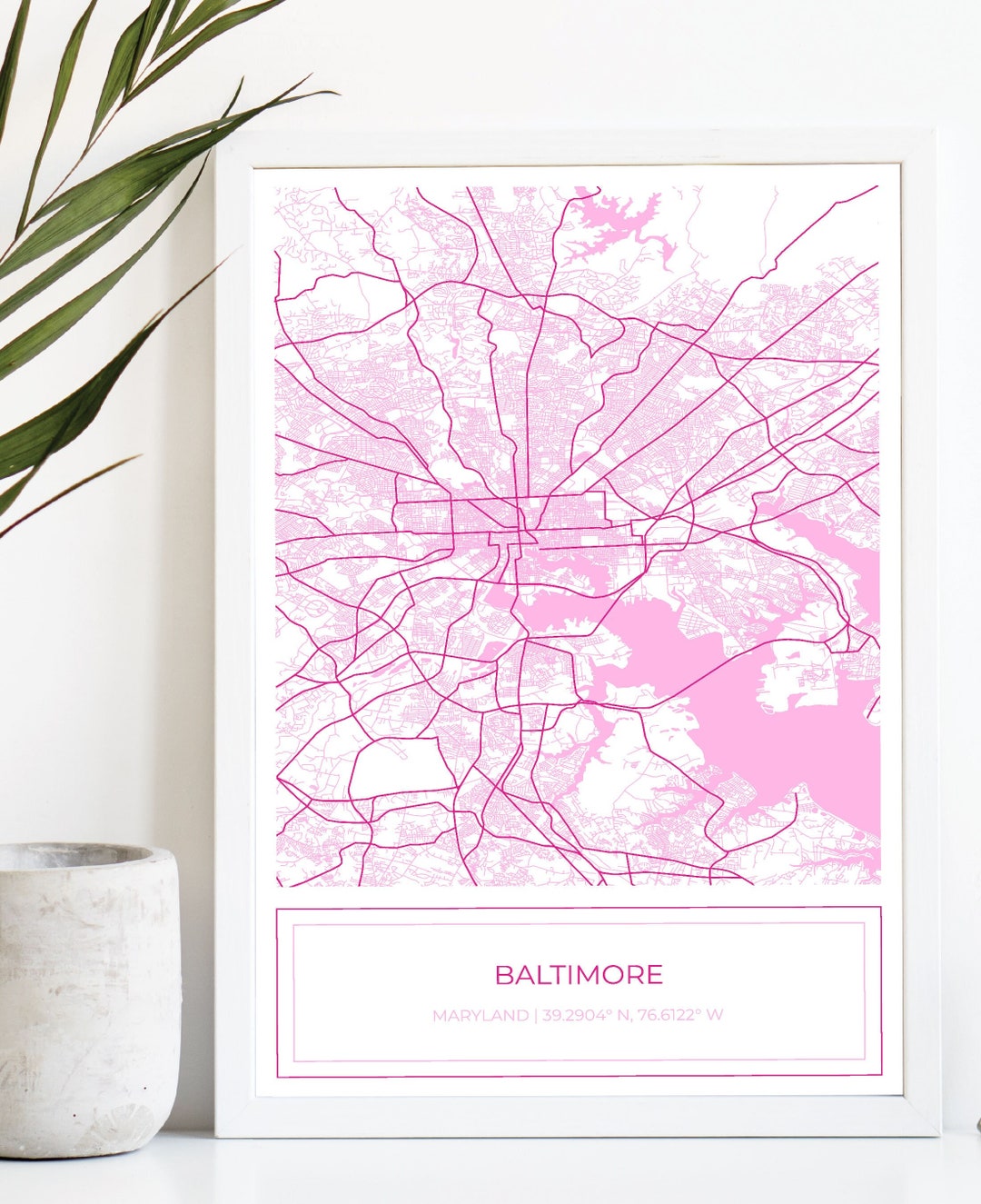 Baltimore Map, Map of Baltimore, Pink Baltimore Map, Baltimore Poster ...