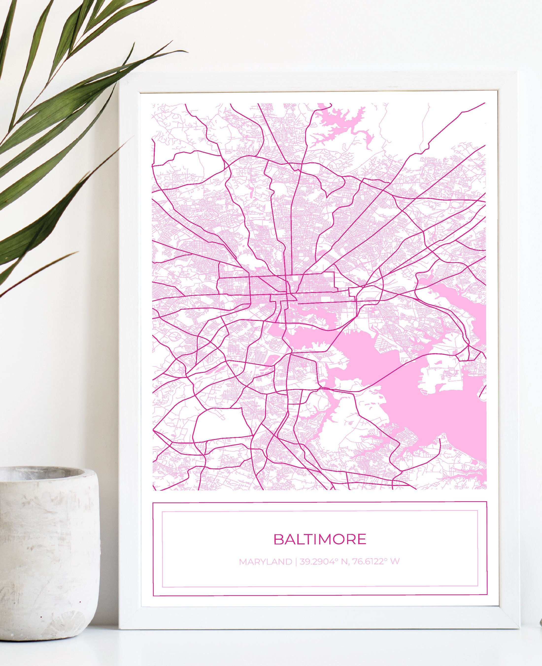 Baltimore Map, Map of Baltimore, Pink Baltimore Map, Baltimore Poster ...