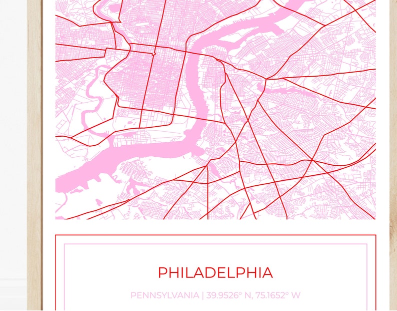 Philadelphia Map, Pink Philadelphia Map, Philadelphia Poster, City Map ...