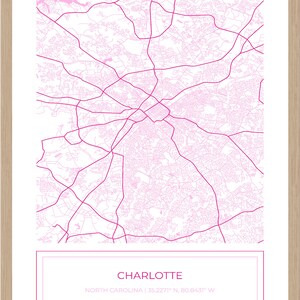 Charlotte Map, Map of Charlotte, Pink Charlotte Map, Poster, Map of ...