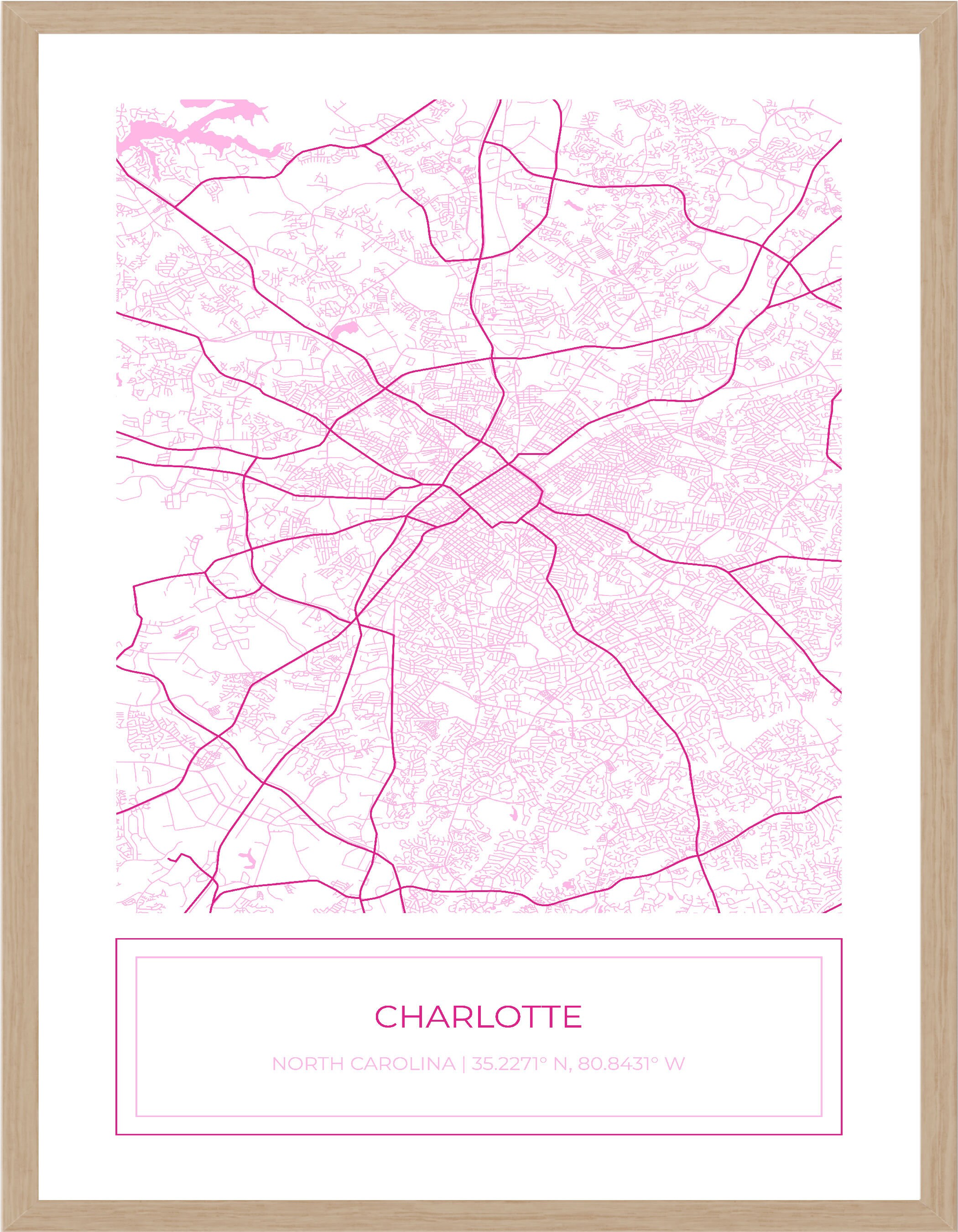 Mapa de Charlotte, Mapa de Charlotte, Mapa rosa de Charlotte, Póster ...