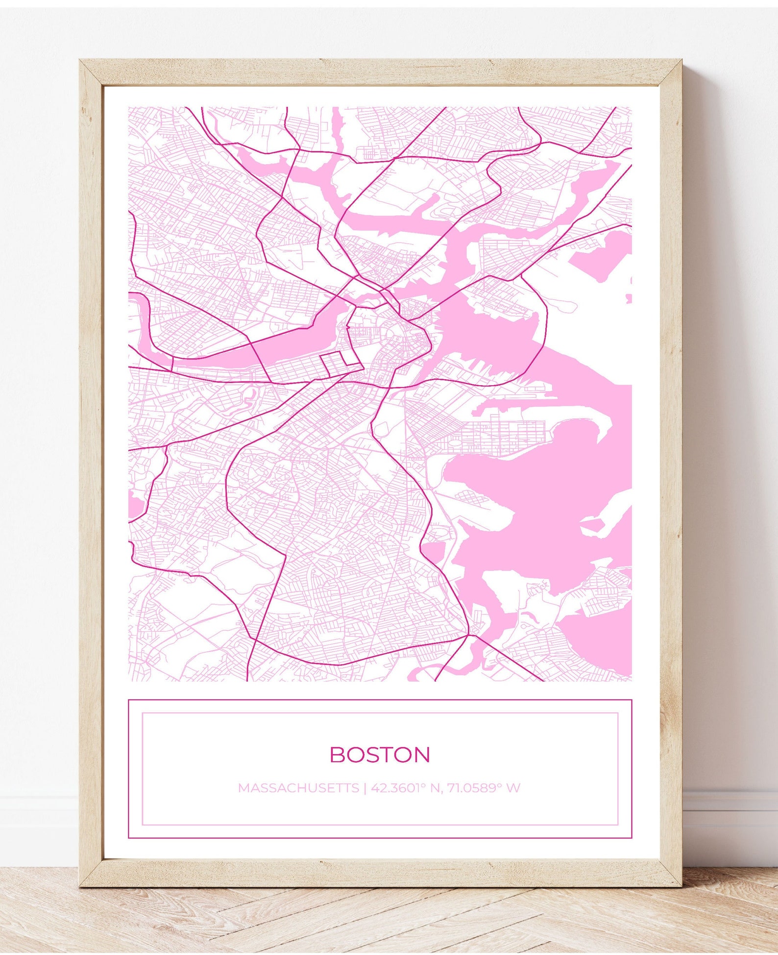 Boston Map, Map of Boston, Pink Boston Map, Boston Poster, Map of ...