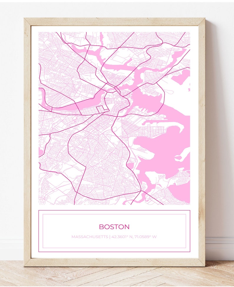 Boston Map, Map of Boston, Pink Boston Map, Boston Poster, Map of ...