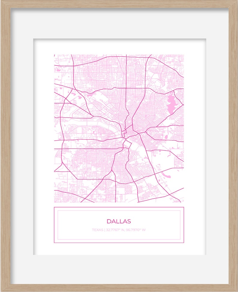 Dallas Map, Map of Dallas, Pink Dallas Map, Dallas Poster, Map of ...