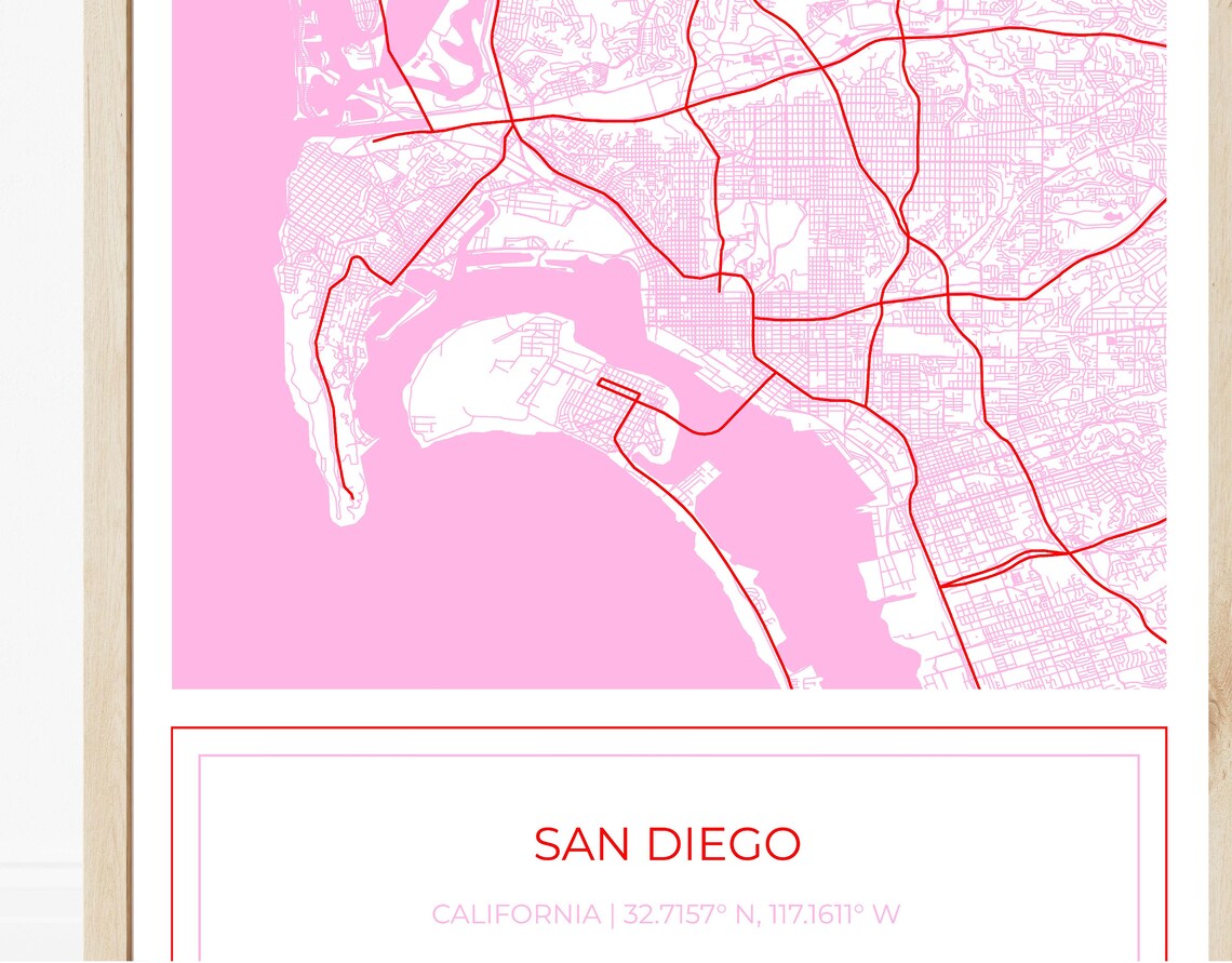San Diego Map, Map of San Diego, Pink San Diego Map, San Diego Poster ...