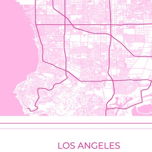 Los Angeles Map, Map of Los Angeles, Pink Los Angeles Map, Poster, City ...