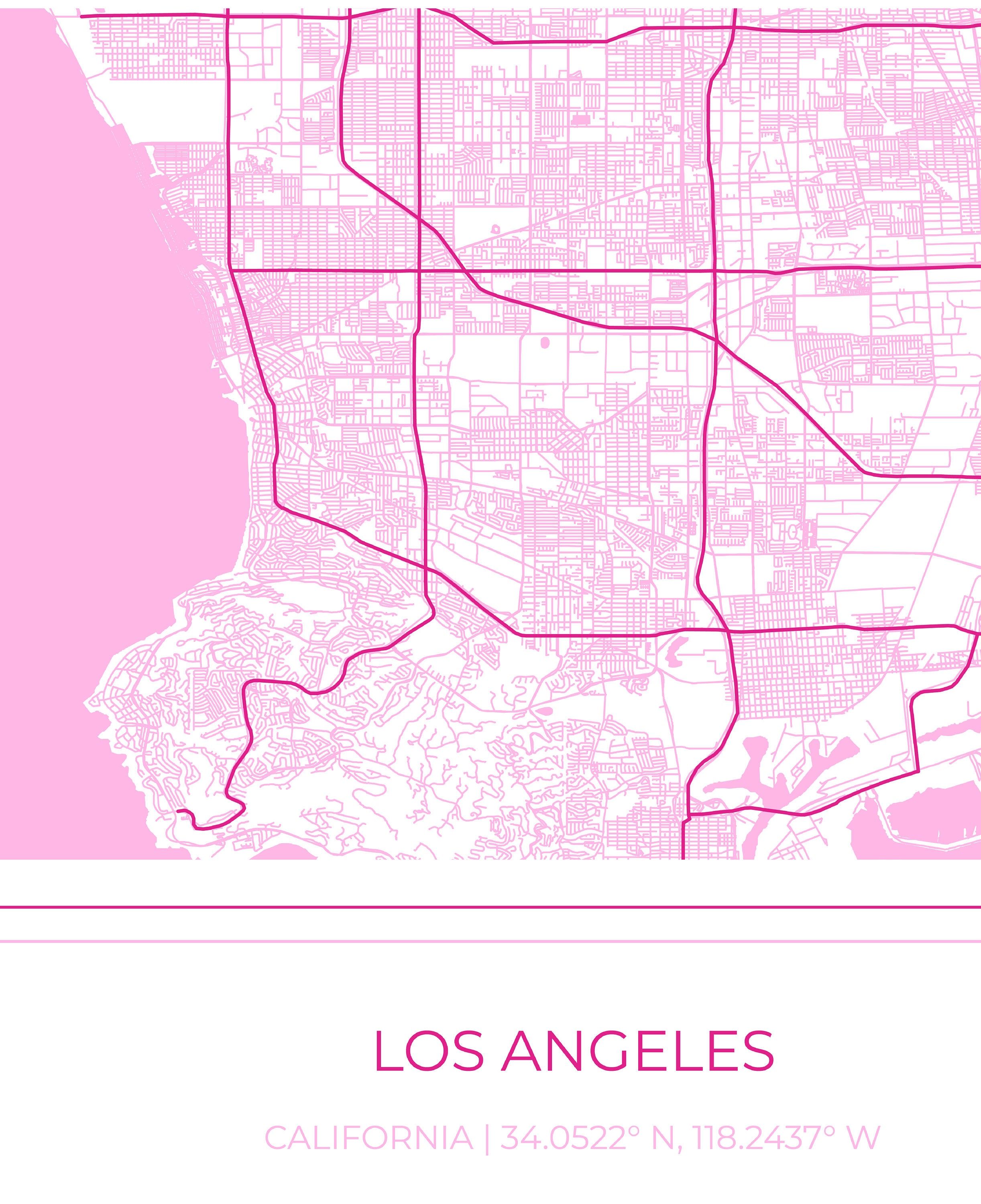 Los Angeles Map, Map of Los Angeles, Pink Los Angeles Map, Poster, City ...
