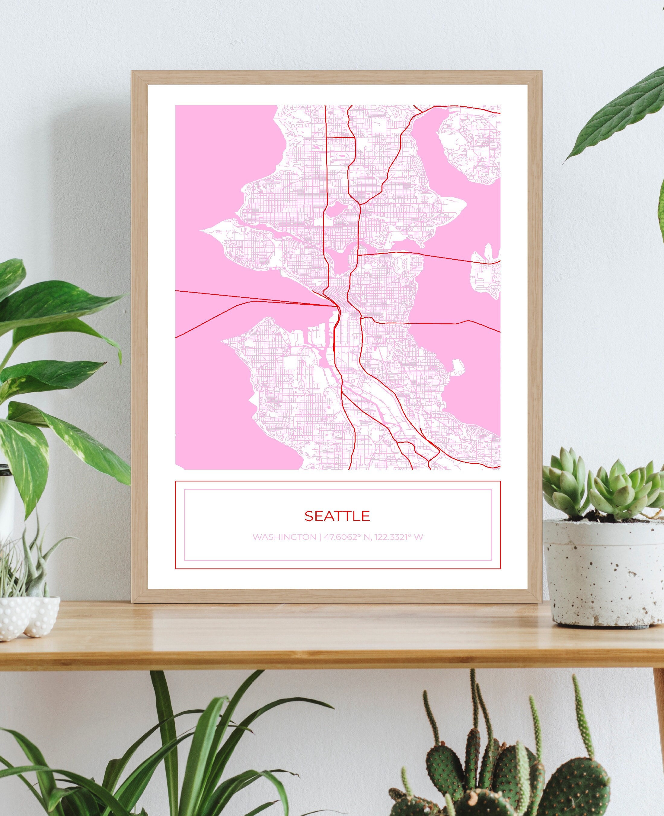 Seattle Map, Minimalist Map, Pink Seattle Map, Seattle Poster, Map of ...
