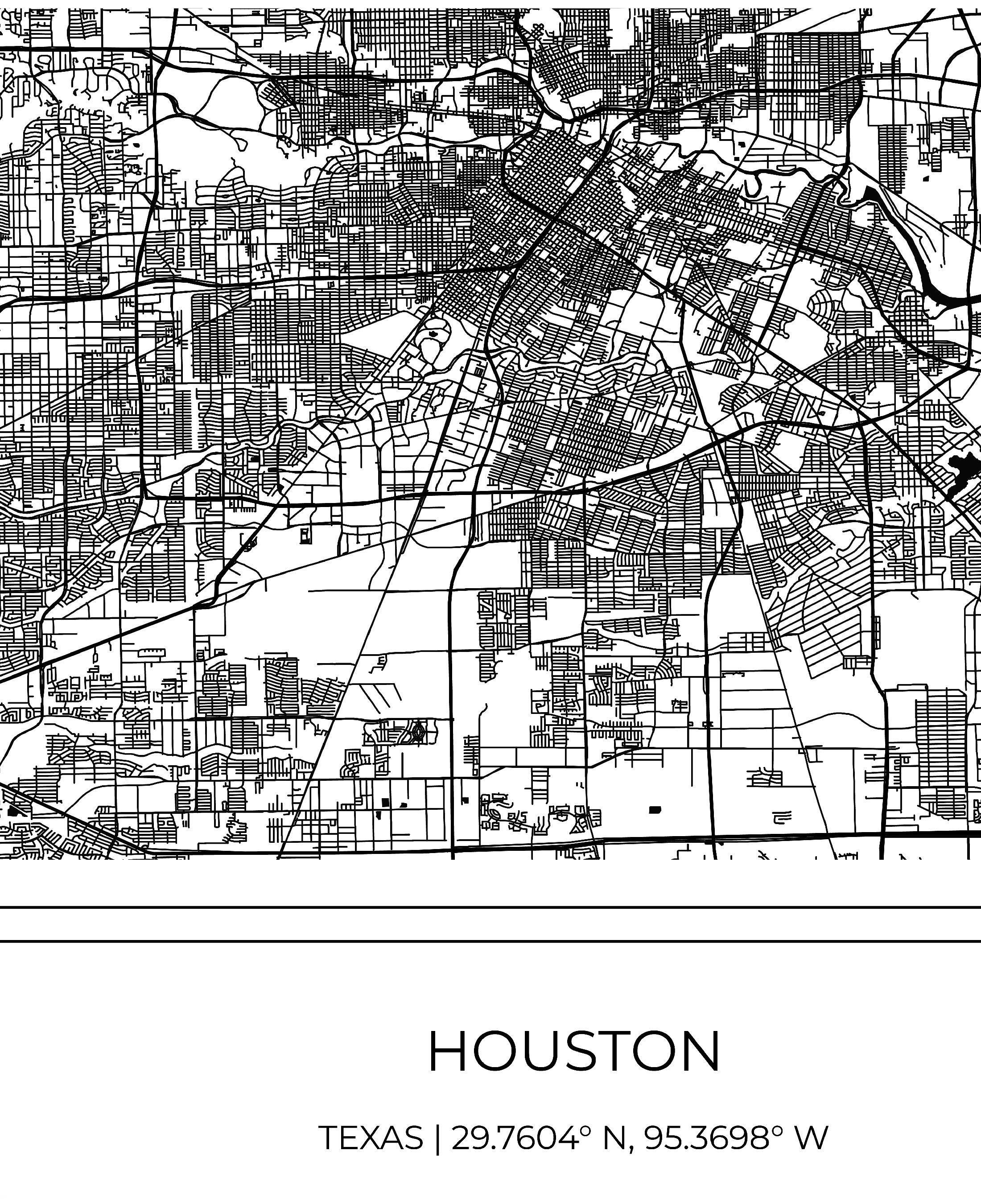 Houston Map, Map of Houston, Black White Houston Map, Houston Poster ...
