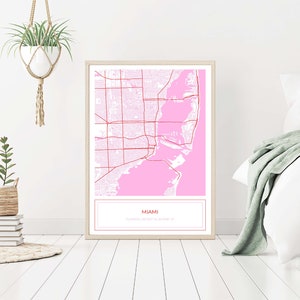 Miami Map, Map of Miami, Pink Miami Map, Miami Poster, Map of Miami ...