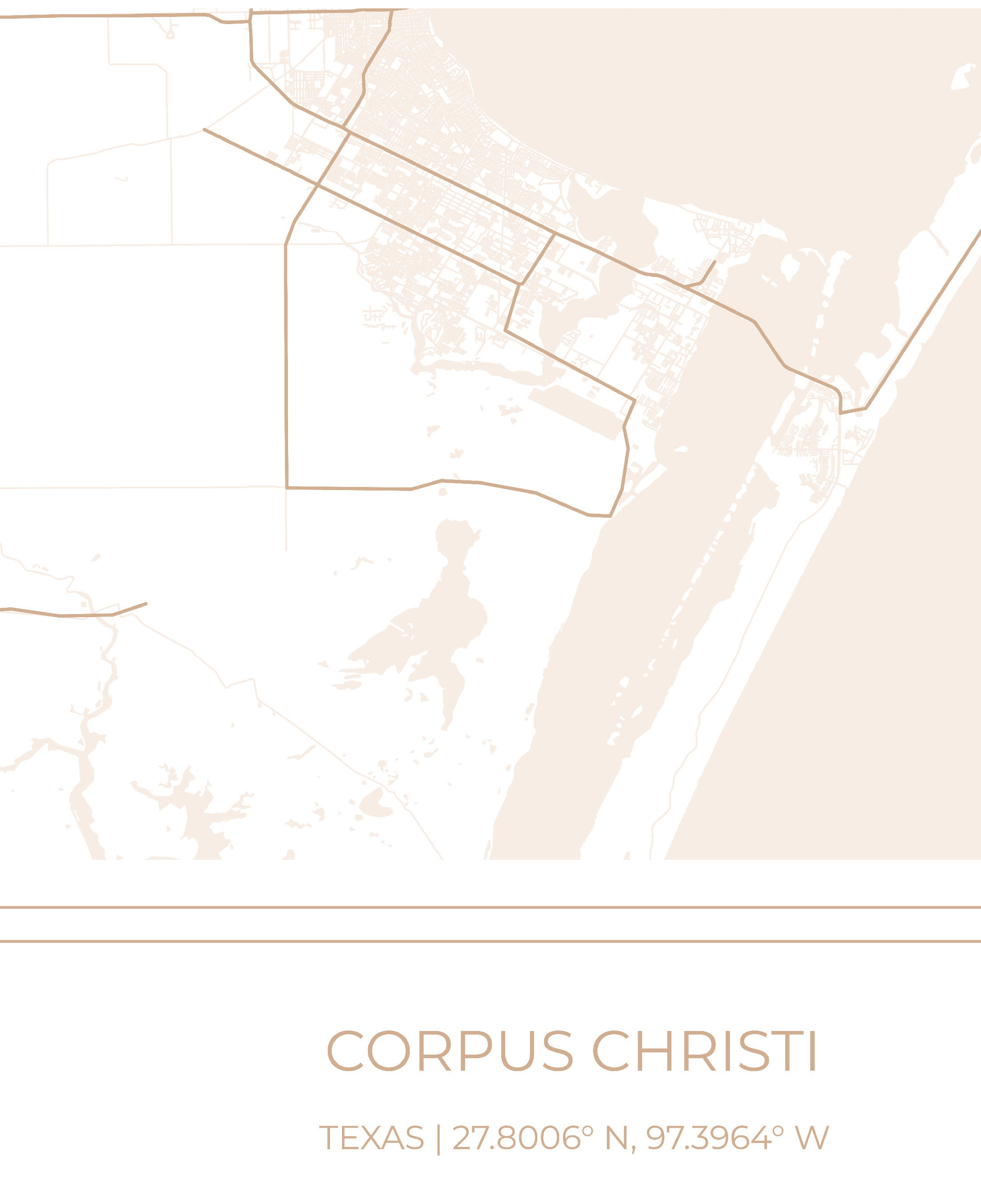 Corpus Christi Map, Minimalist Map, Neutral Corpus Christi Map, Map ...