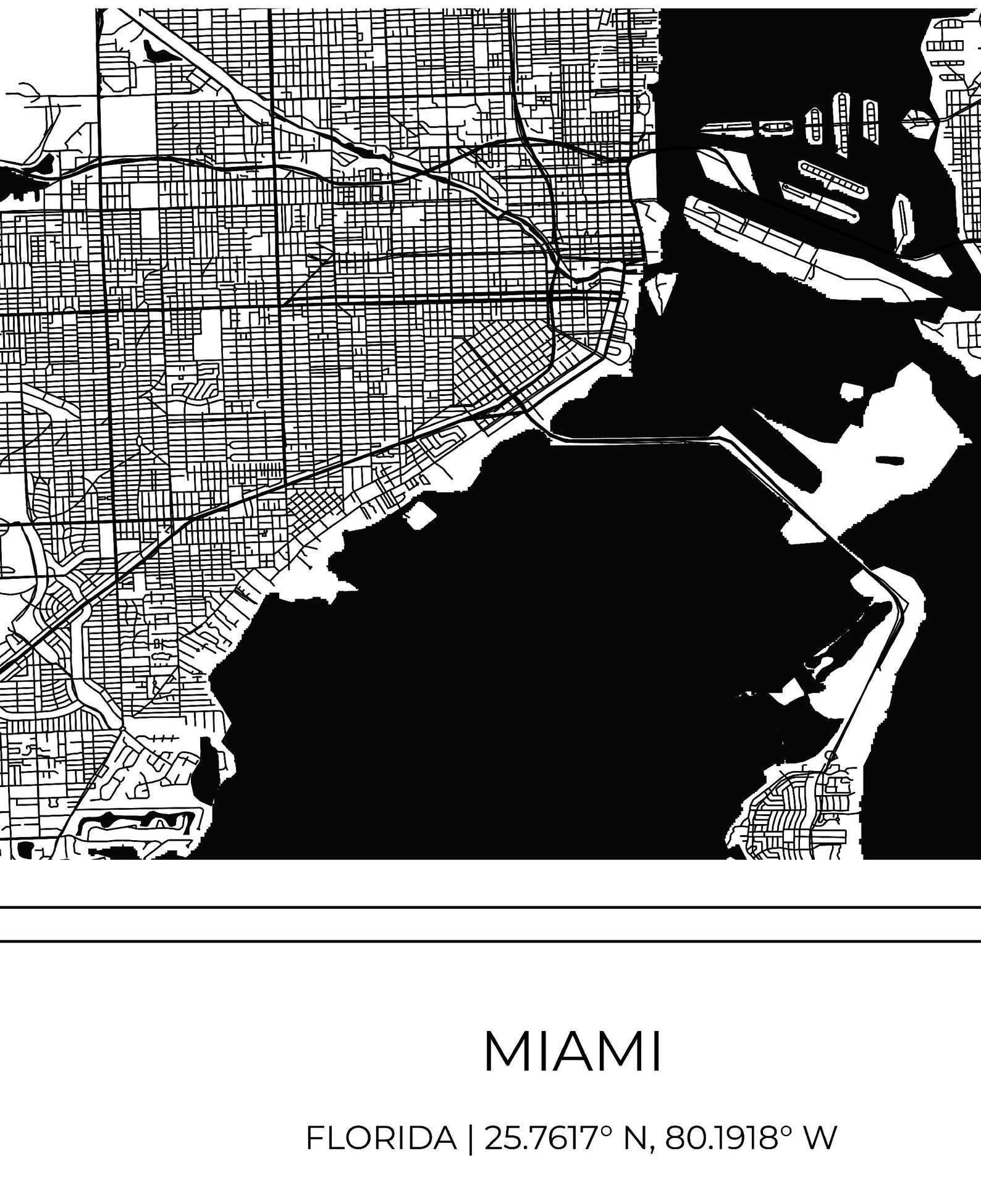 Miami Map, Map of Miami, Black White Miami Map, Miami Poster, Map of ...