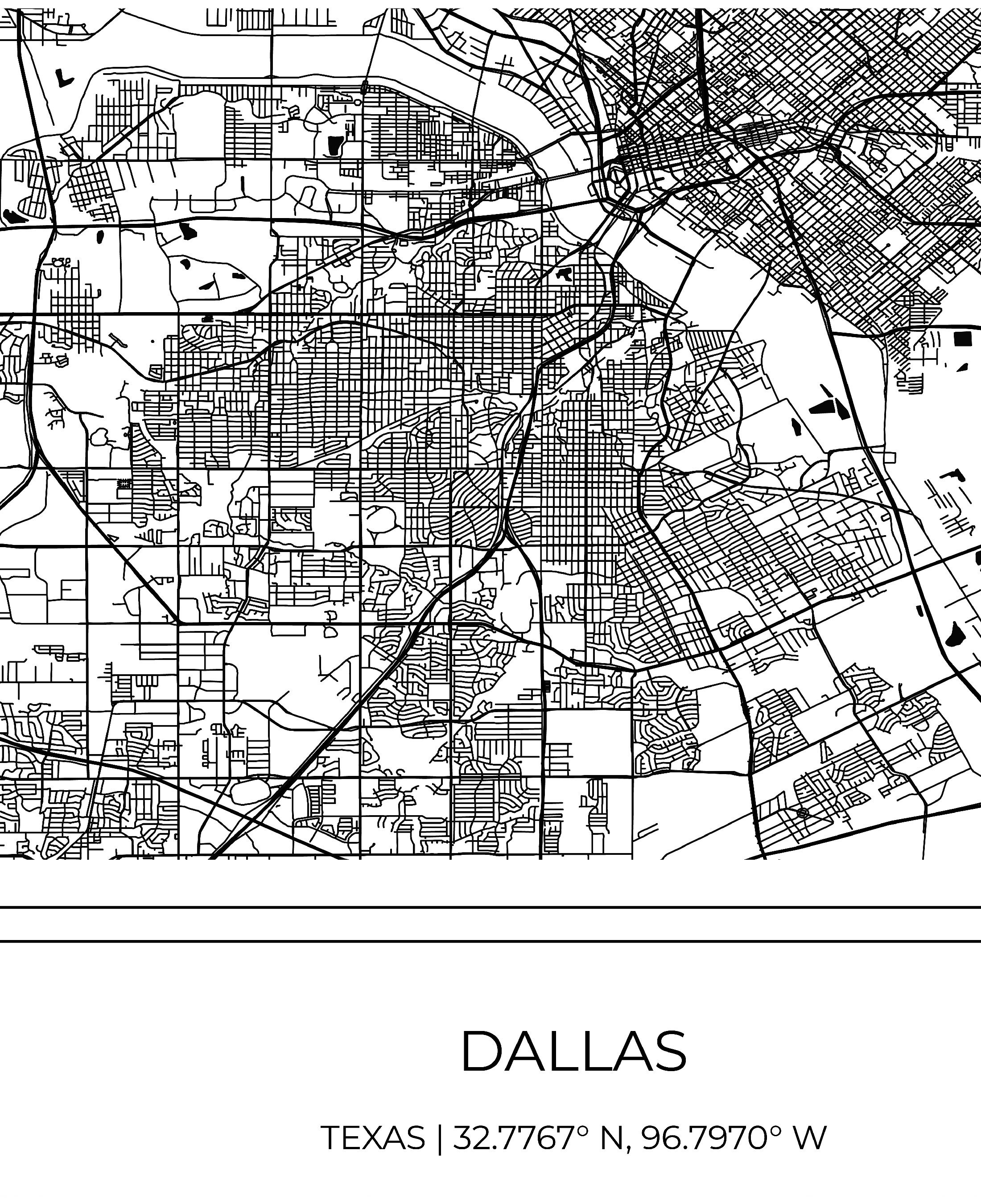 Dallas Map, Map of Dallas, Black White Dallas Map, Dallas Poster, Map ...