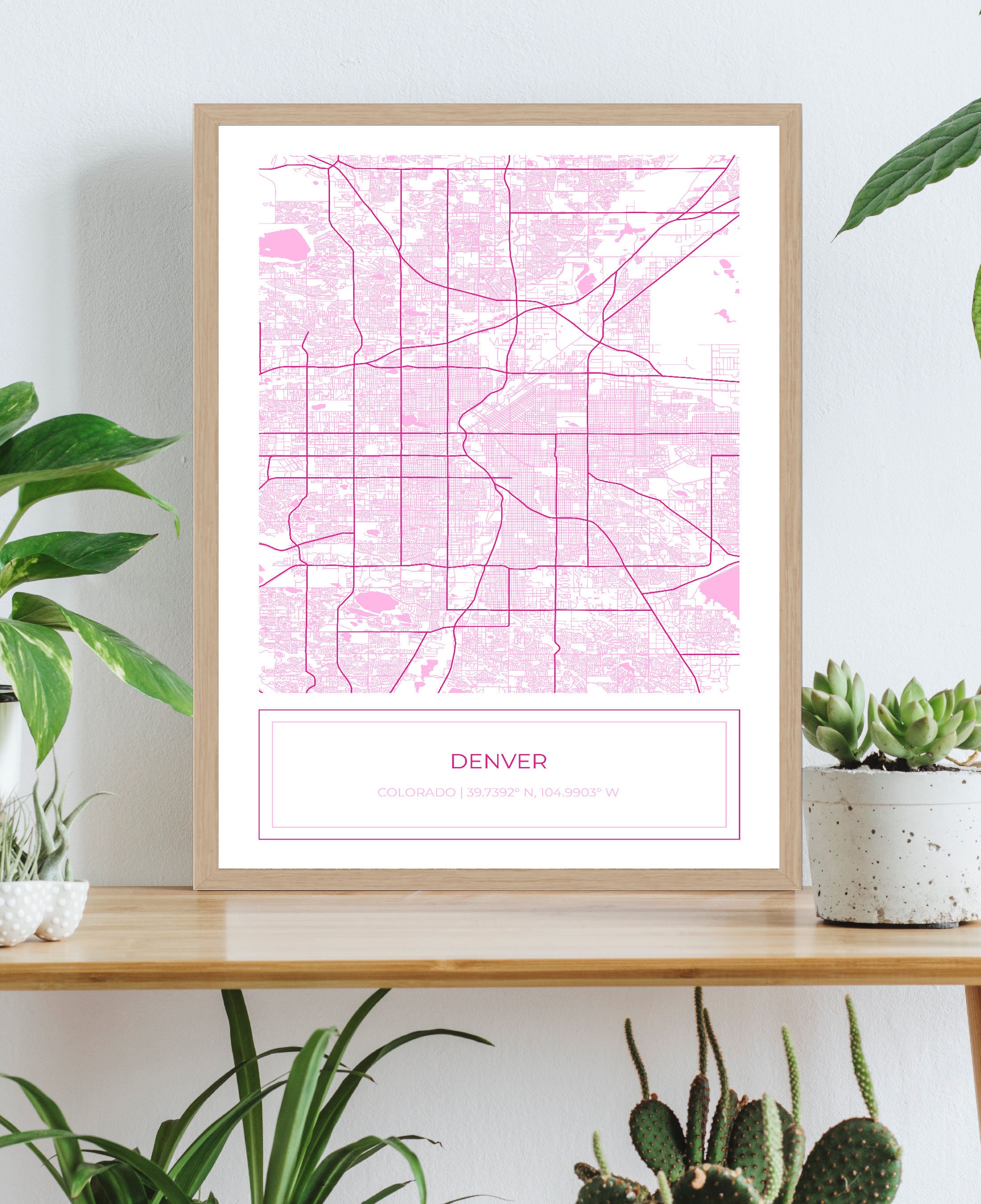 Mapa de Denver Mapa de Denver Mapa rosa de Denver Cartel de - Etsy México