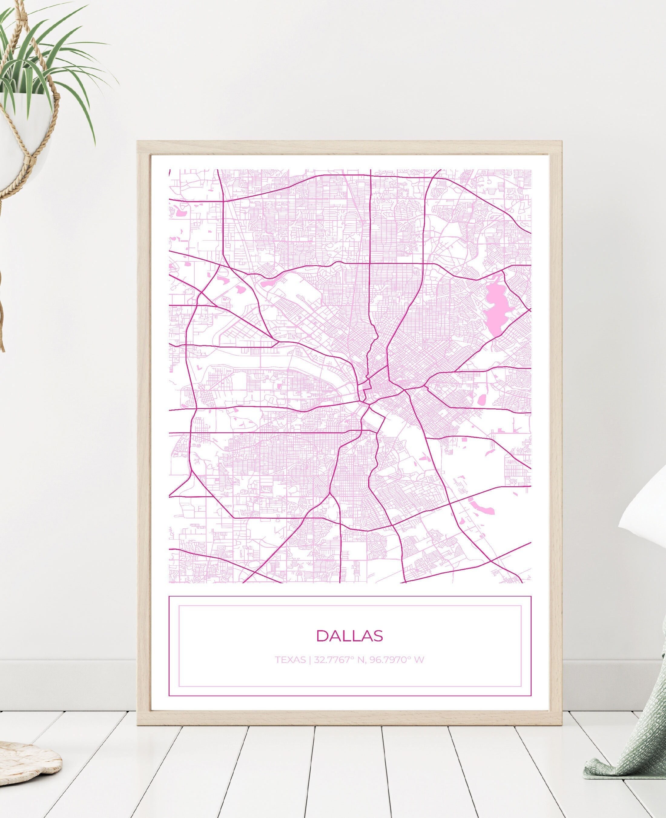 Mapa de Dallas, Mapa de Dallas, Mapa rosa de Dallas, Cartel de Dallas ...