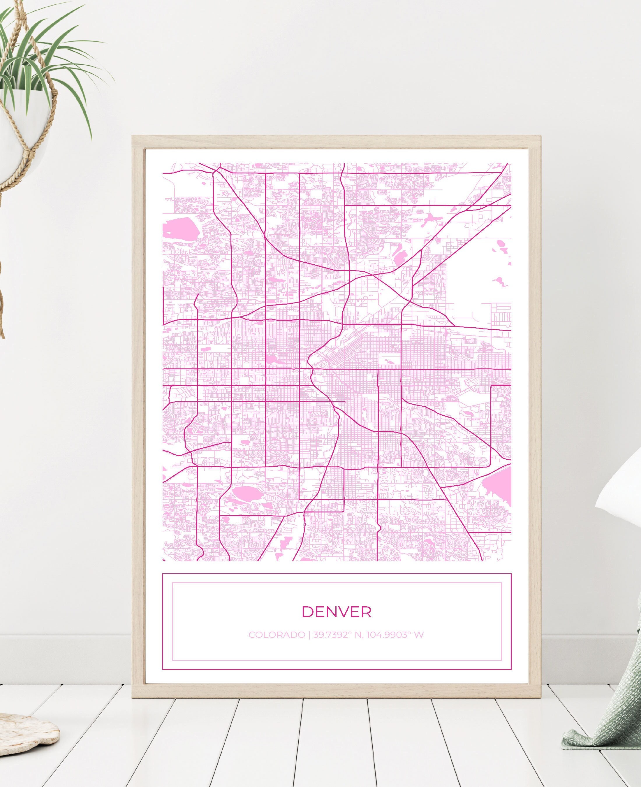 Mapa de Denver, Mapa de Denver, Mapa rosa de Denver, Cartel de Denver ...