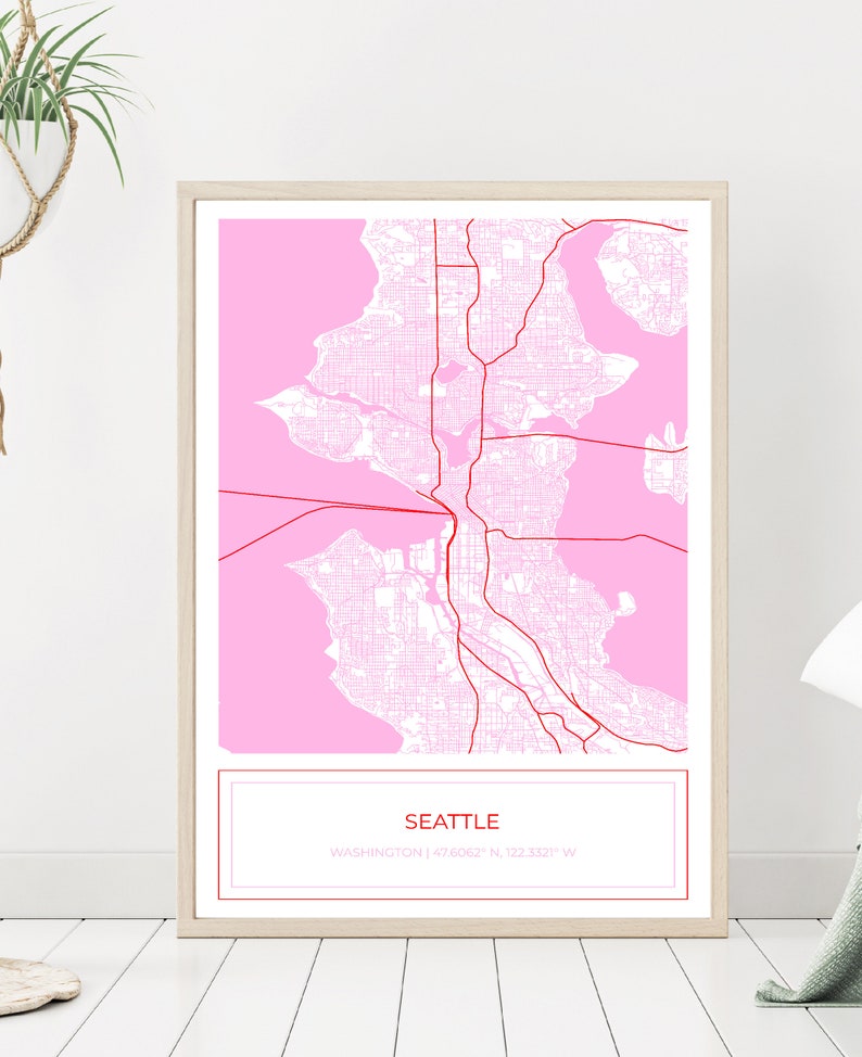 Seattle Map, Minimalist Map, Pink Seattle Map, Seattle Poster, Map of ...