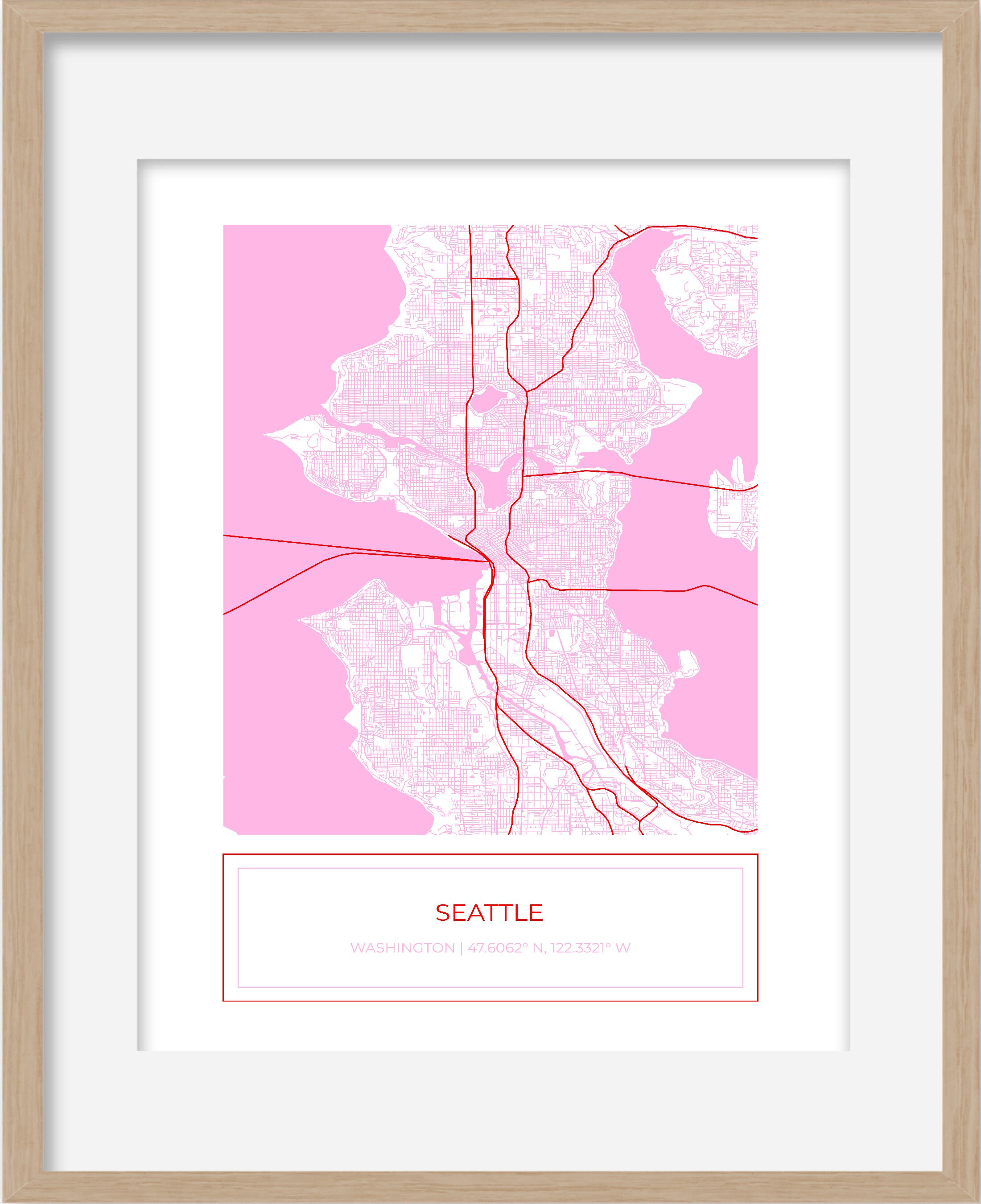 Seattle Map, Minimalist Map, Pink Seattle Map, Seattle Poster, Map of ...