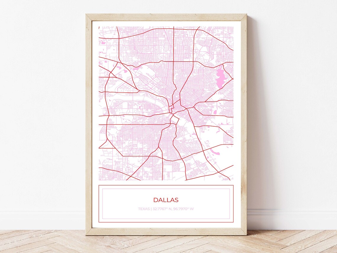 Dallas Map, Map of Dallas, Pink Dallas Map, Dallas Poster, Map of ...