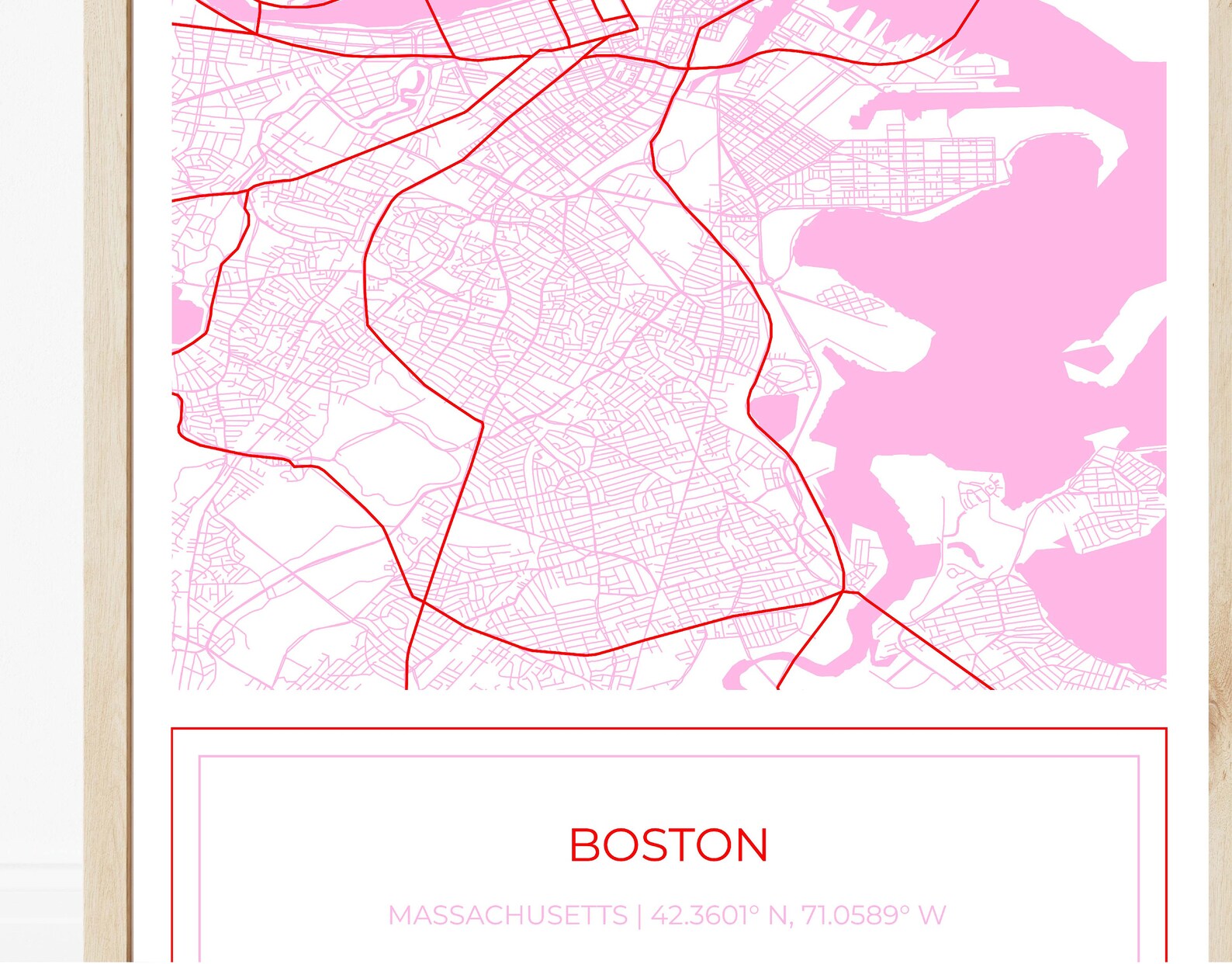 Boston Map, Map of Boston, Pink Boston Map, Boston Poster, Map of ...
