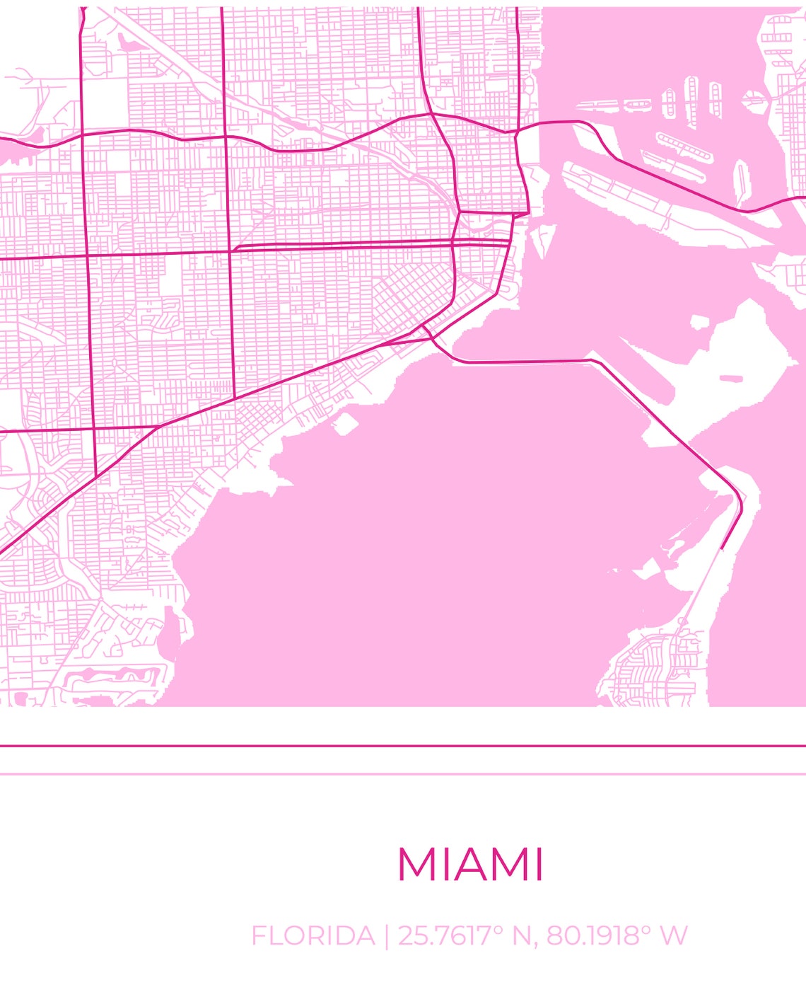 Miami Map Map of Miami Pink Miami Map Miami Poster Map of - Etsy