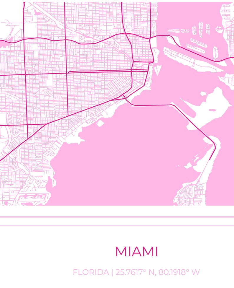 Miami Map, Map of Miami, Pink Miami Map, Miami Poster, Map of Miami ...
