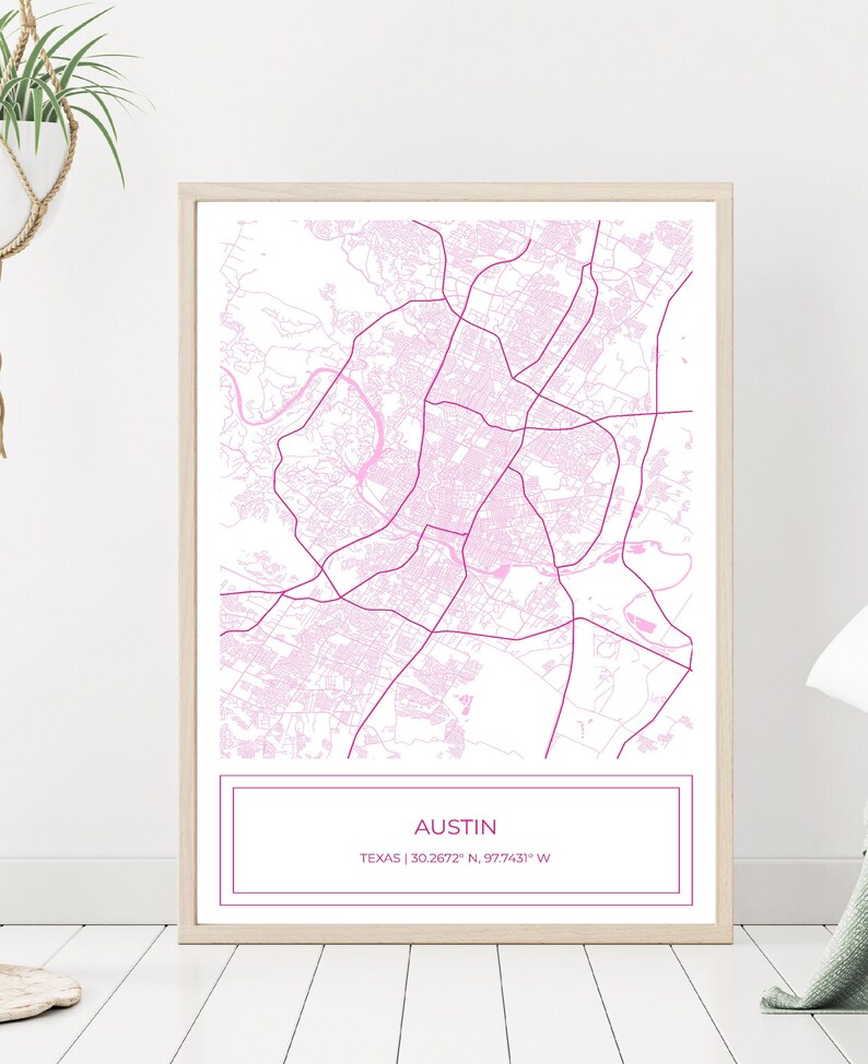 Austin Map, Map of Austin, Pink Austin Map, Austin Poster, Map of ...