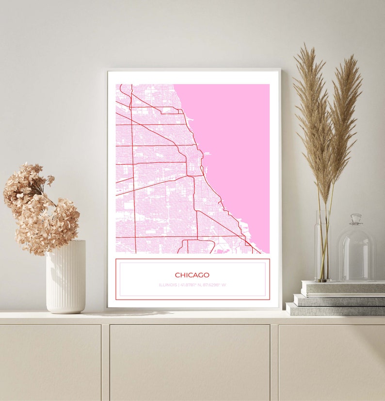Chicago Map, Map of Chicago, Pink Chicago Map, Chicago Poster, Map of ...
