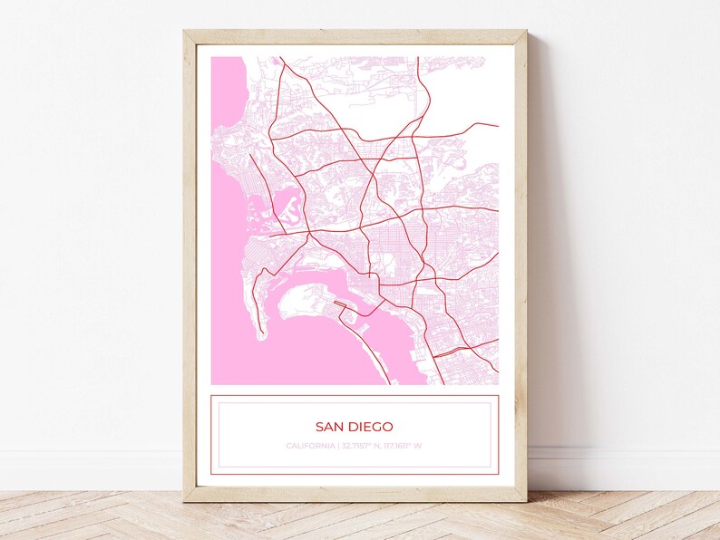 San Diego Map, Map of San Diego, Pink San Diego Map, San Diego Poster ...